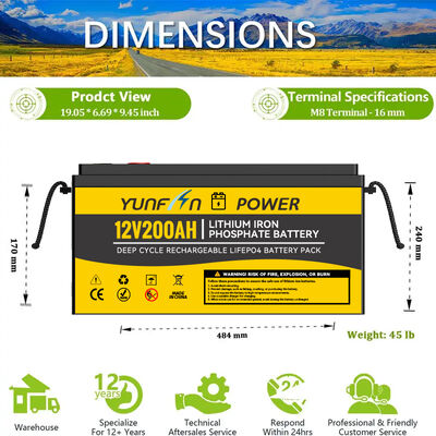 12V 200Ah LiFePO4 Battery 0.5C Charge Discharge 12.8V 2560Wh Deep Cycle ...